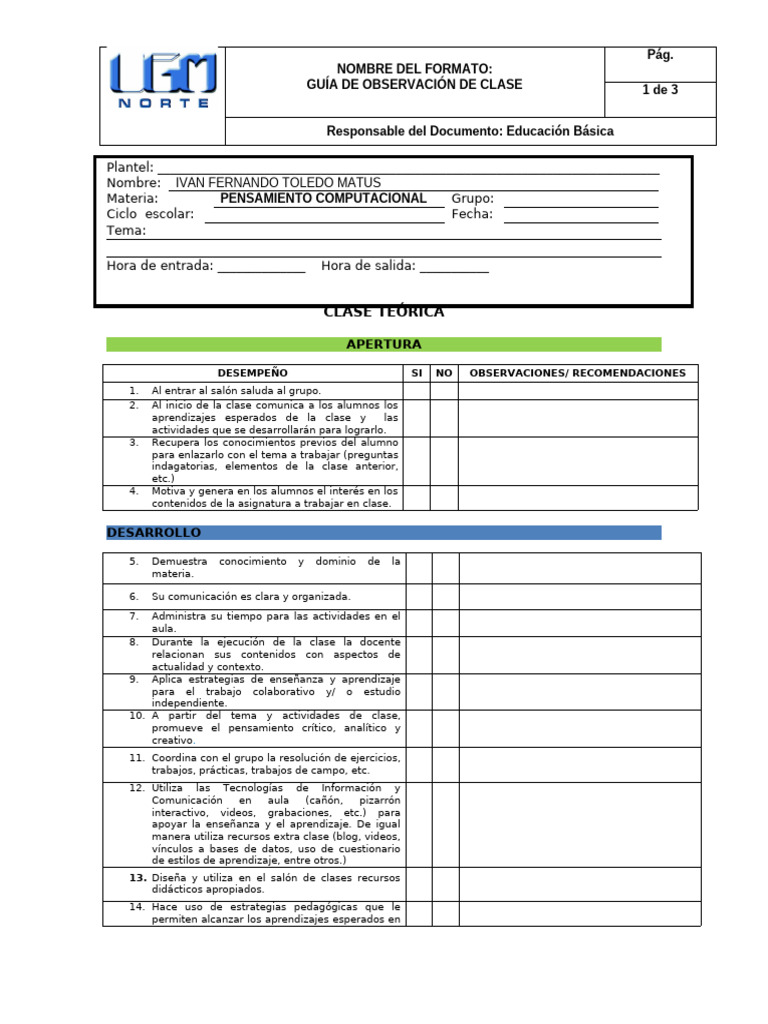 Visita al aula (1) (1) - copia | PDF | Aprendizaje | Evaluación