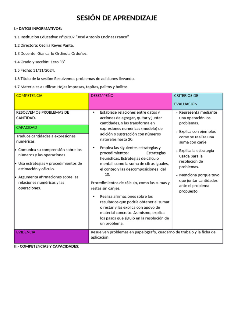 SESIÓN DE APRENDIZAJE Resolvemos Problemas de Adiciones Llevando. | PDF | Cognición
