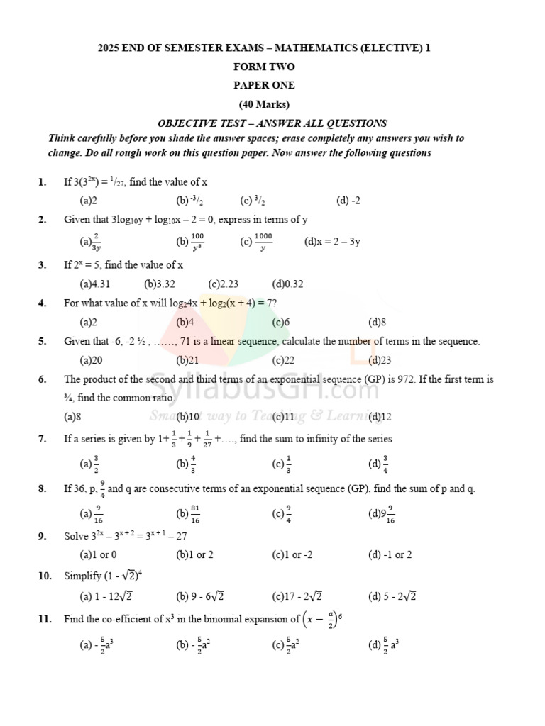 2025 SHS2 End of Semester Exams Mathematics Elective 1 | PDF | Algebra ...