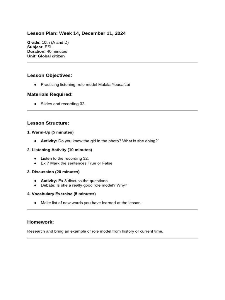 Lesson Plan - Week 14, December 11, 2024 | PDF