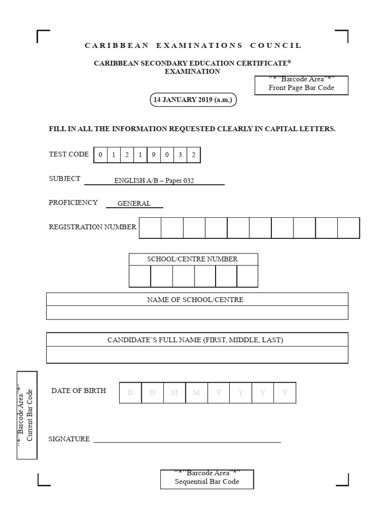 CSEC English P03 Jan 2019-1 | PDF | Barcode
