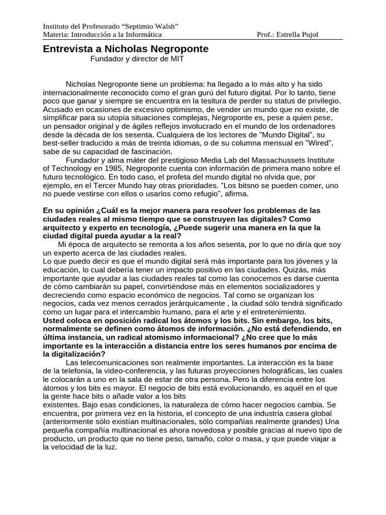 Entrevista a Nicholas Negroponte sobre el Futuro Digital | PDF ...