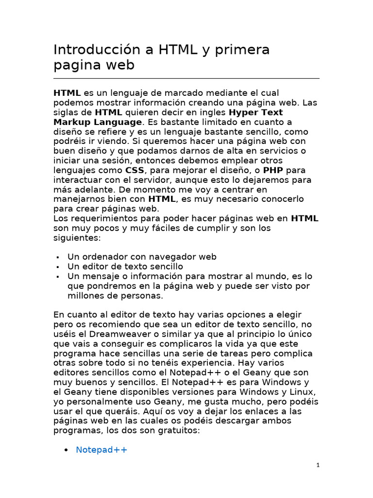 Introducción A HTML y Primera Pagina Web | PDF | HTML | Red mundial