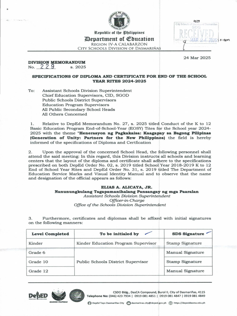 0229 Division Memorandum No. 229 s. 2025 | PDF | Philippines | Educational Stages