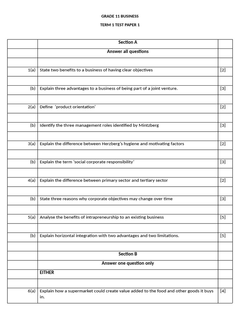 Grade 11 Business Test Paper 1 Overview | PDF