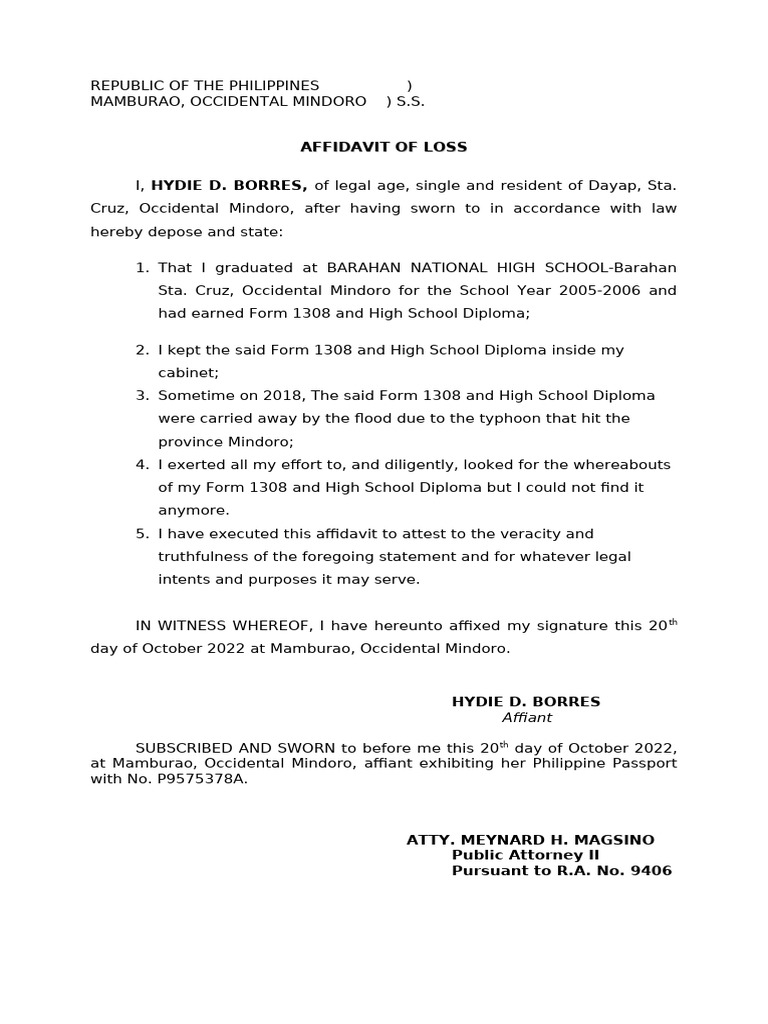 Affidavit of Loss DIPLOMA Borres | PDF