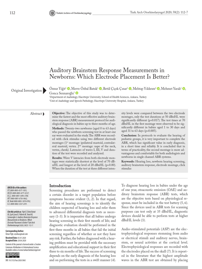Best Electrode Placement for ABR in Newborns | PDF | Hearing | Hearing Loss