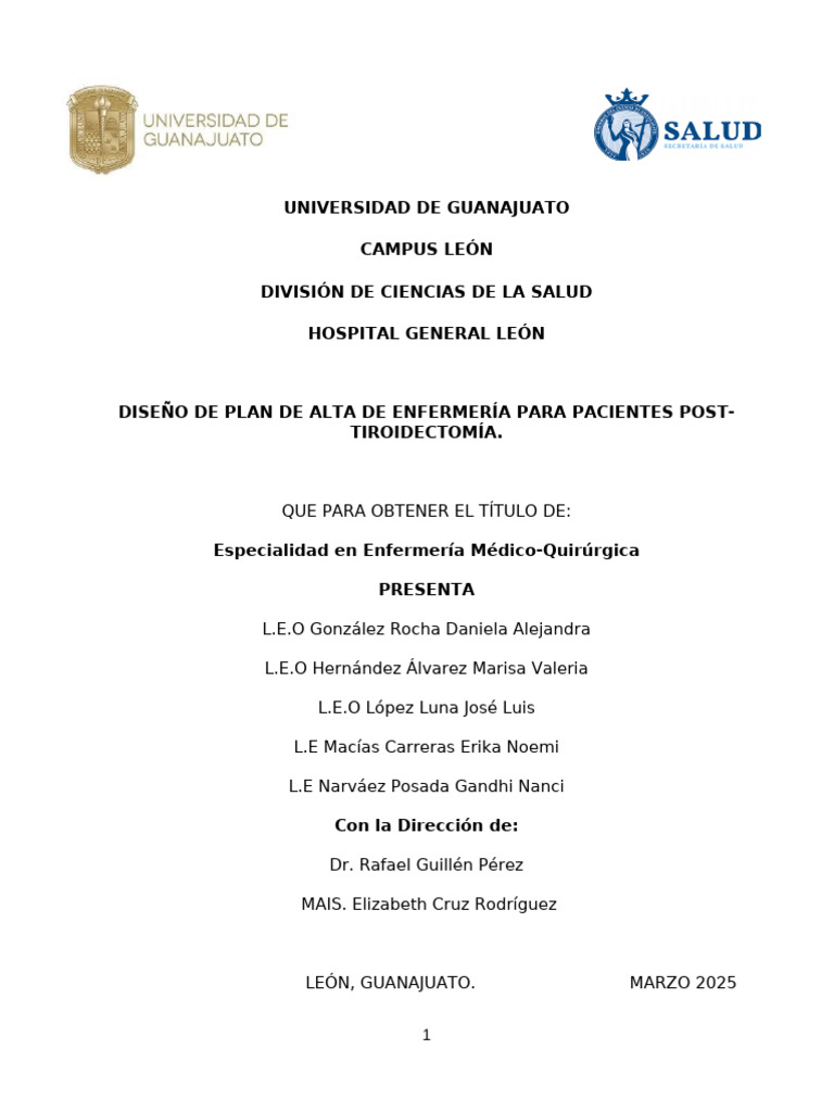 Plan de Alta de Enfermería Post-Tiroidectomía | PDF | Enfermería | Hospital