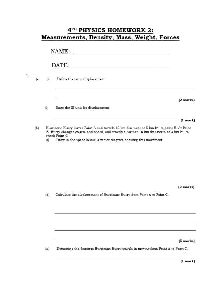 Physics Homework on Measurements and Forces | PDF | Weight | Force
