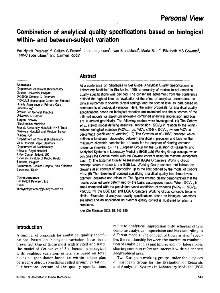 Combination of Analytical Quality Specifications Based On Biological ...