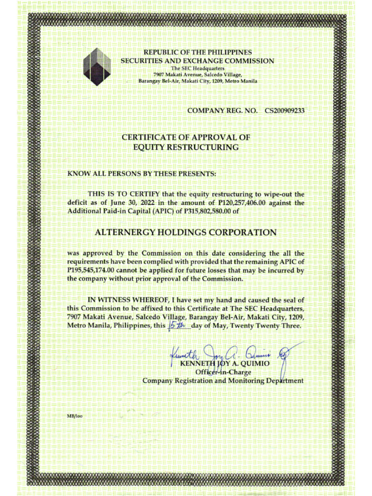 AHC - Certificate of Approval of Equity Restructuring (SEC-Approved ...