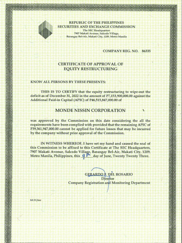 SEC Certificate of Approval of Equity Restructuring - 09june2023 | PDF