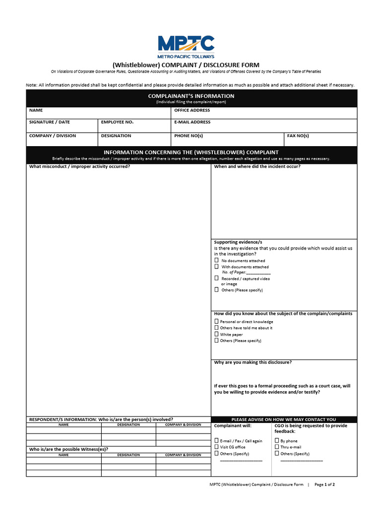 MPTC Whistleblower Complaint Form v2 | PDF | Discovery (Law) | Complaint