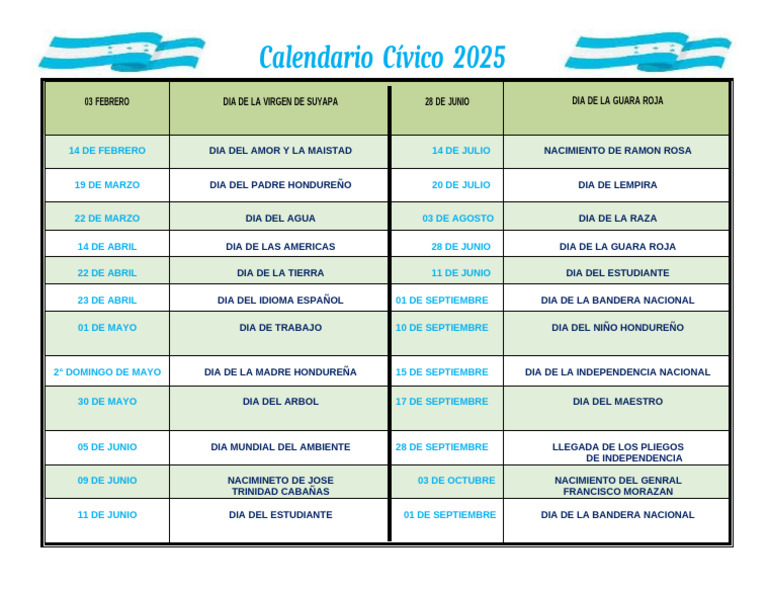 Calendario Cívico Honduras 2025 | PDF