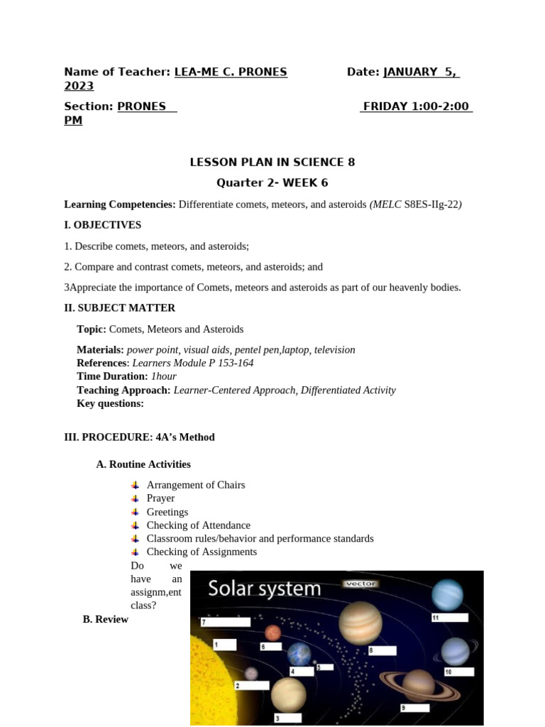 Science 8 Lesson Plan: Comets, Meteors, Asteroids | PDF | Meteoroid ...