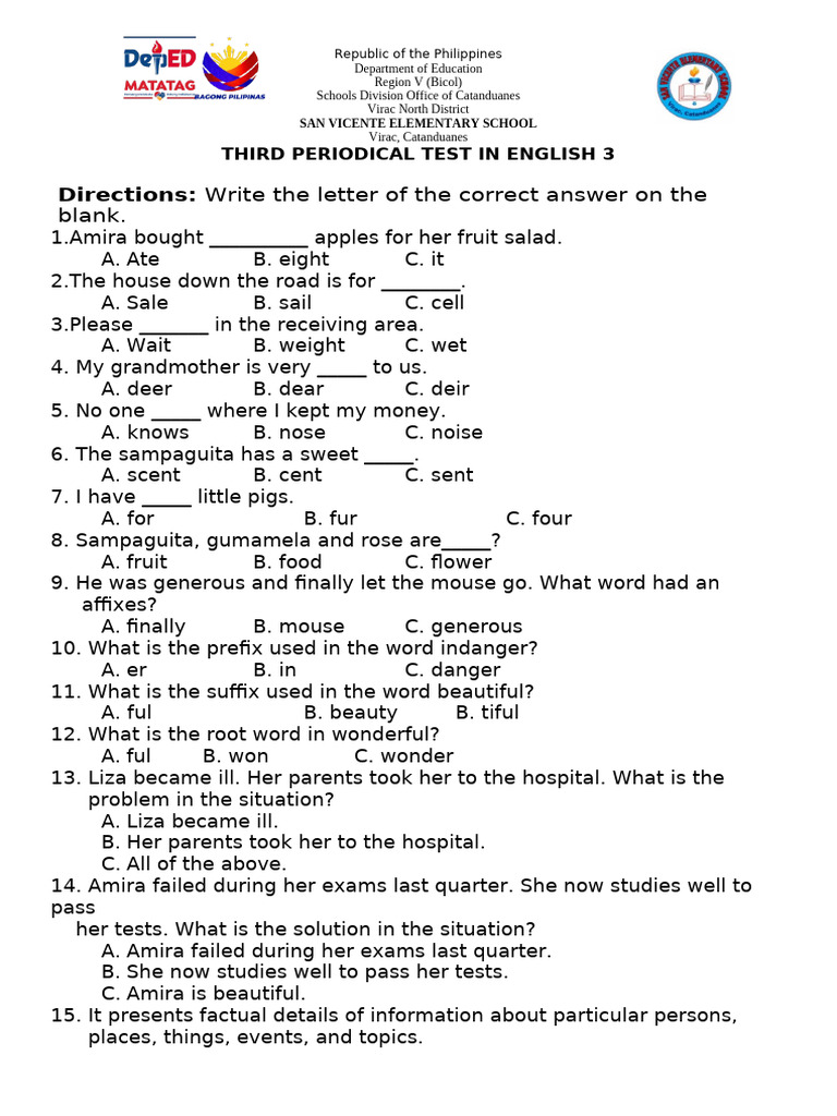 3rd Periodical Test English | PDF