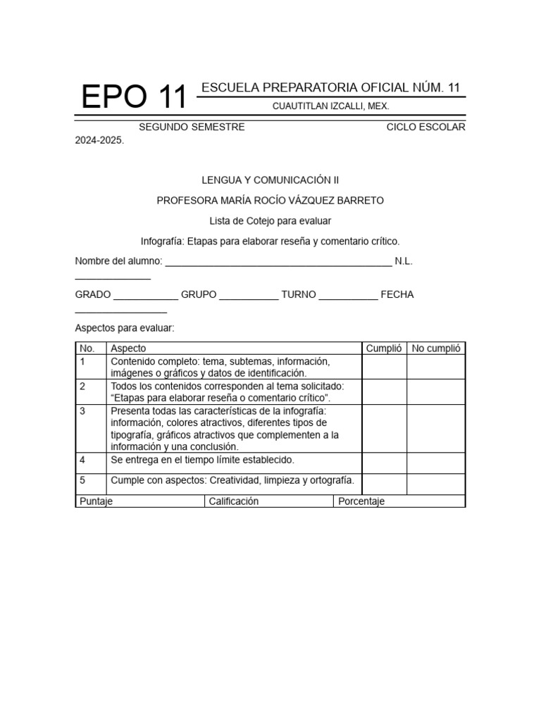 Lista de cotejo_Lengua y Comunicaci-n II_P2_Infograf-a_Etapas para redactar rese-a.docx | PDF