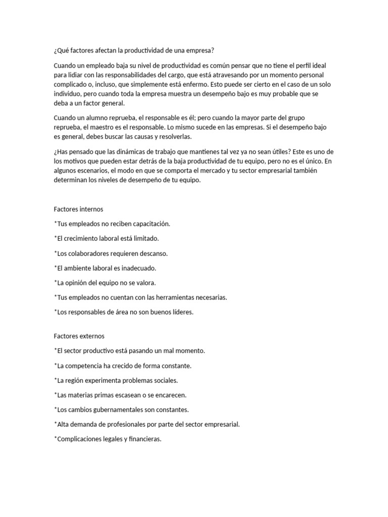 Qué Factores Afectan La Productividad de Una Empresa | PDF