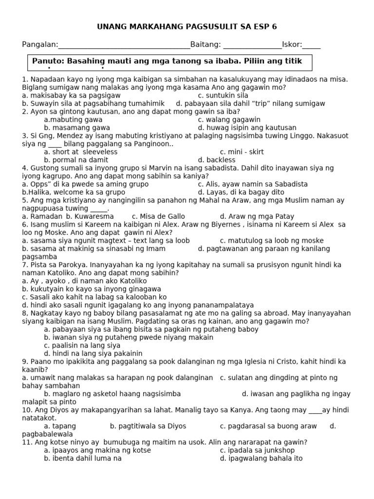 Pangalan: - Baitang: - Iskor | PDF