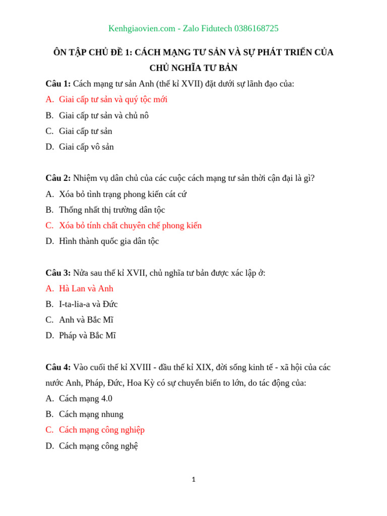 TN On Tap Chu de 1 Cach Mang Tu San Va Su Phat Trien Cua Chu Nghia Tu Ban | PDF