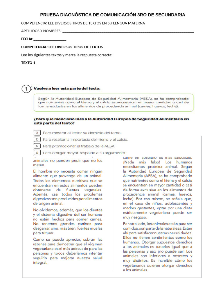 Prueba Diagnóstica de Comunicación 3ro de Secundaria | PDF