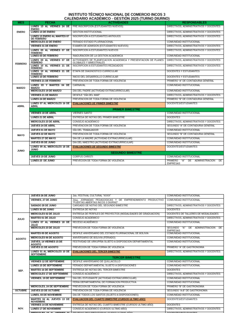 Calendario Académico INCOS 3 2025 | PDF