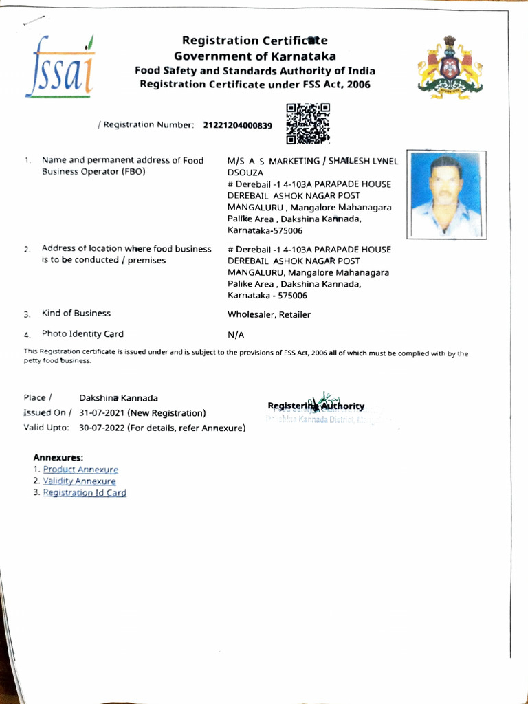 FSSAI Registration Certificate Details | PDF