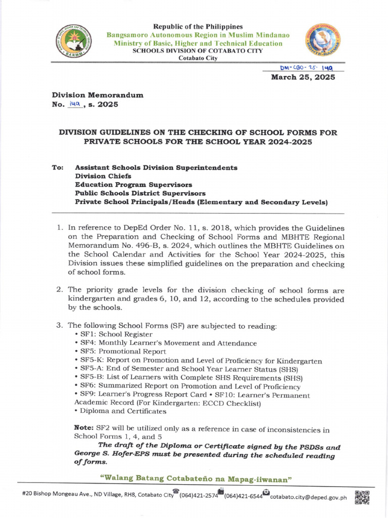 DM CBO 25 149 Division Guidelines On The Checking of School Forms For Private Schools For The ...