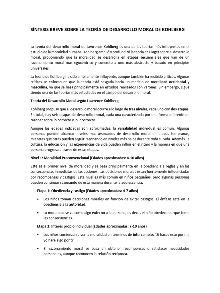 Síntesis Breve Sobre La Teoría de Desarrollo Moral de Kohlberg | PDF ...