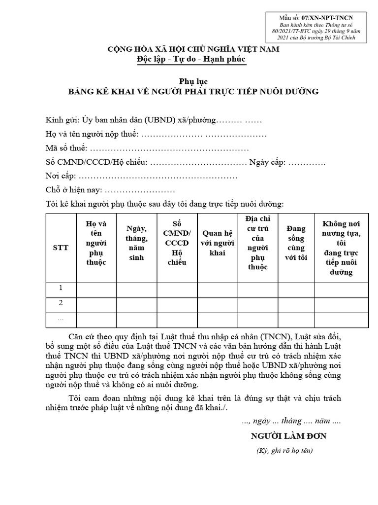 BẢNG KÊ KHAI VỀ NGƯỜI PHẢI TRỰC TIẾP NUÔI DƯỠNG | PDF