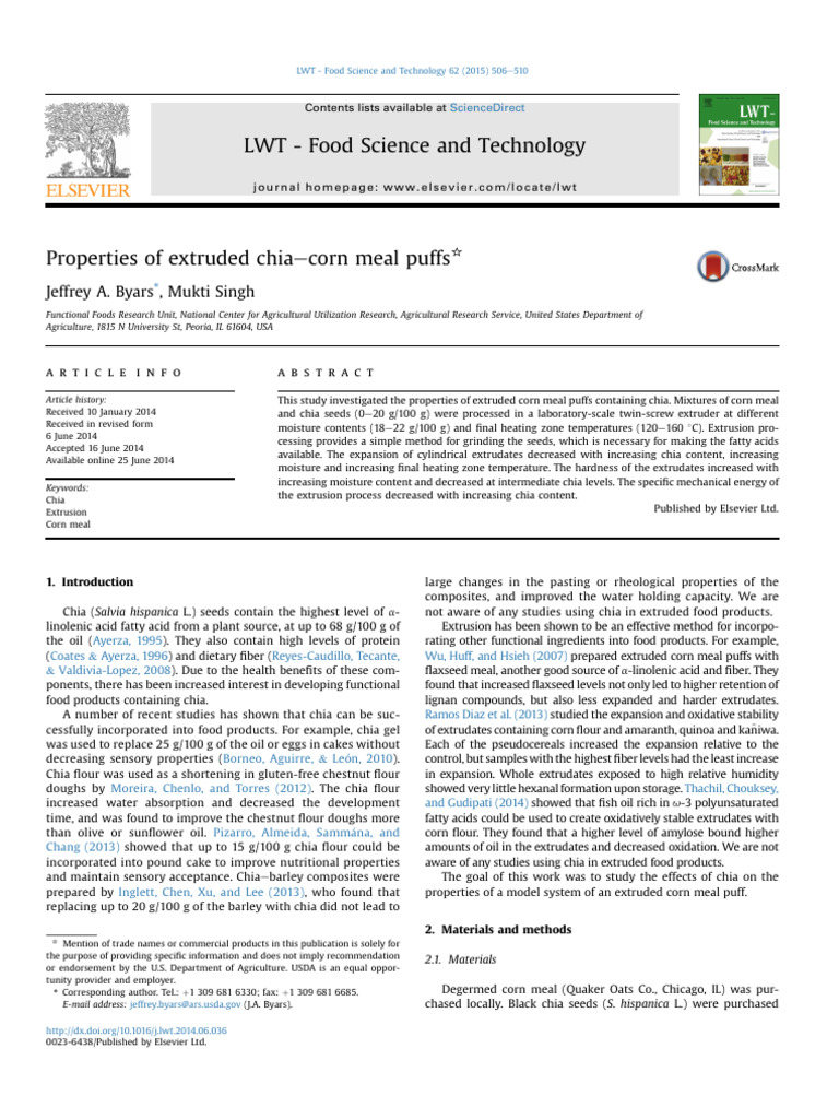 Properties of extruded chia–corn meal puffs | PDF | Extrusion | Flour