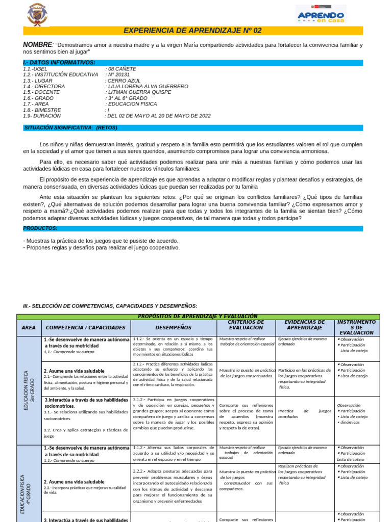 Exp. de Aprendizaje 02 Educ Fis | PDF | Aprendizaje | Educación Física