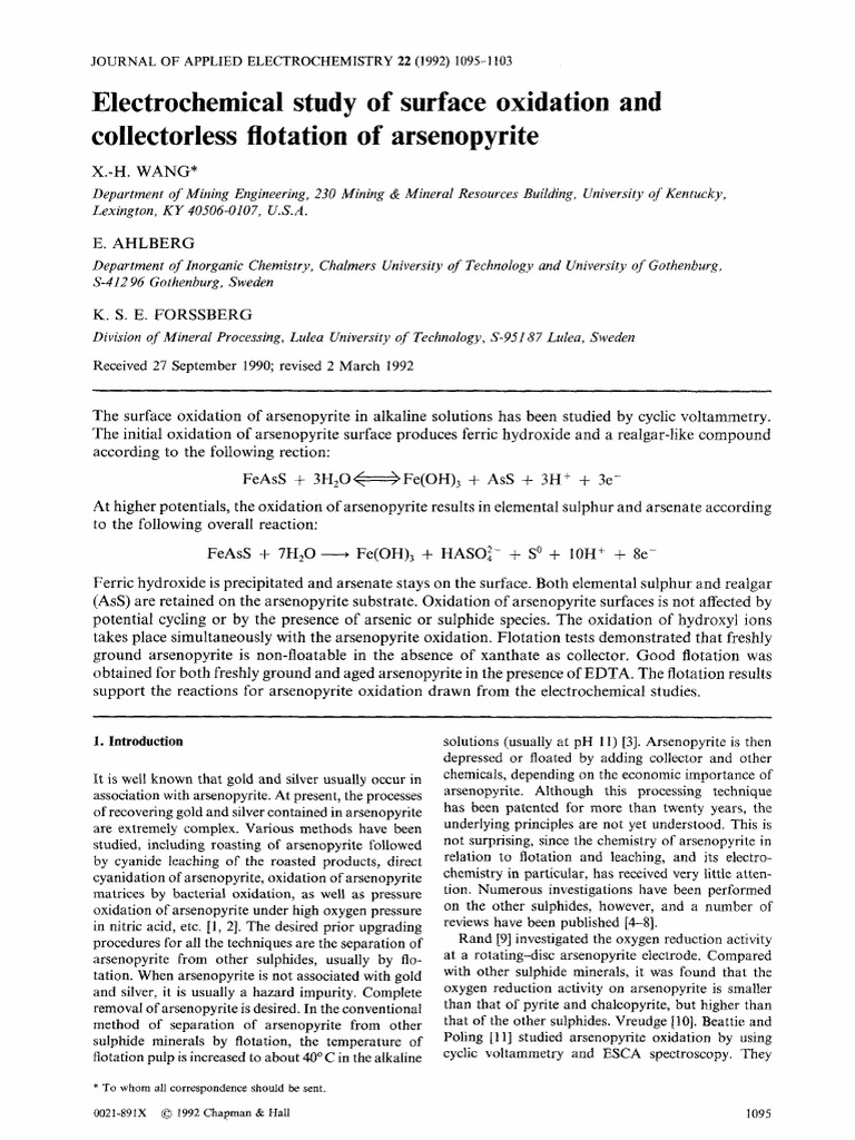 Electrochemical Study of Surface Oxidation and Collectorless Flotation of Arsenopyrite | PDF ...