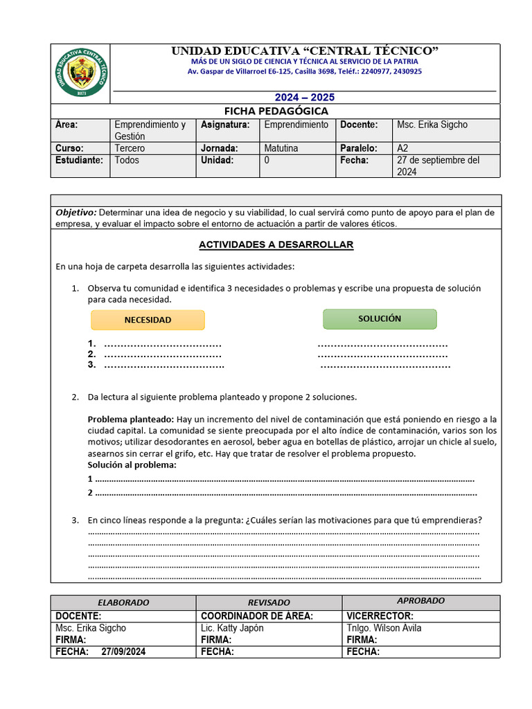Ficha Pedagógica - Emprendimiento - 3a2 | PDF | Iniciativa empresarial