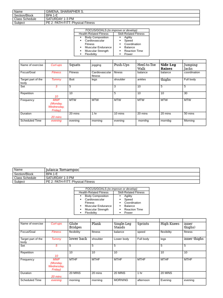 PE 2 Class Schedule and Fitness Goals | PDF | Physical Fitness | Endurance