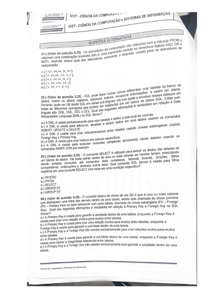 NIVERSIDADE PAULISTA Prova Bada | PDF