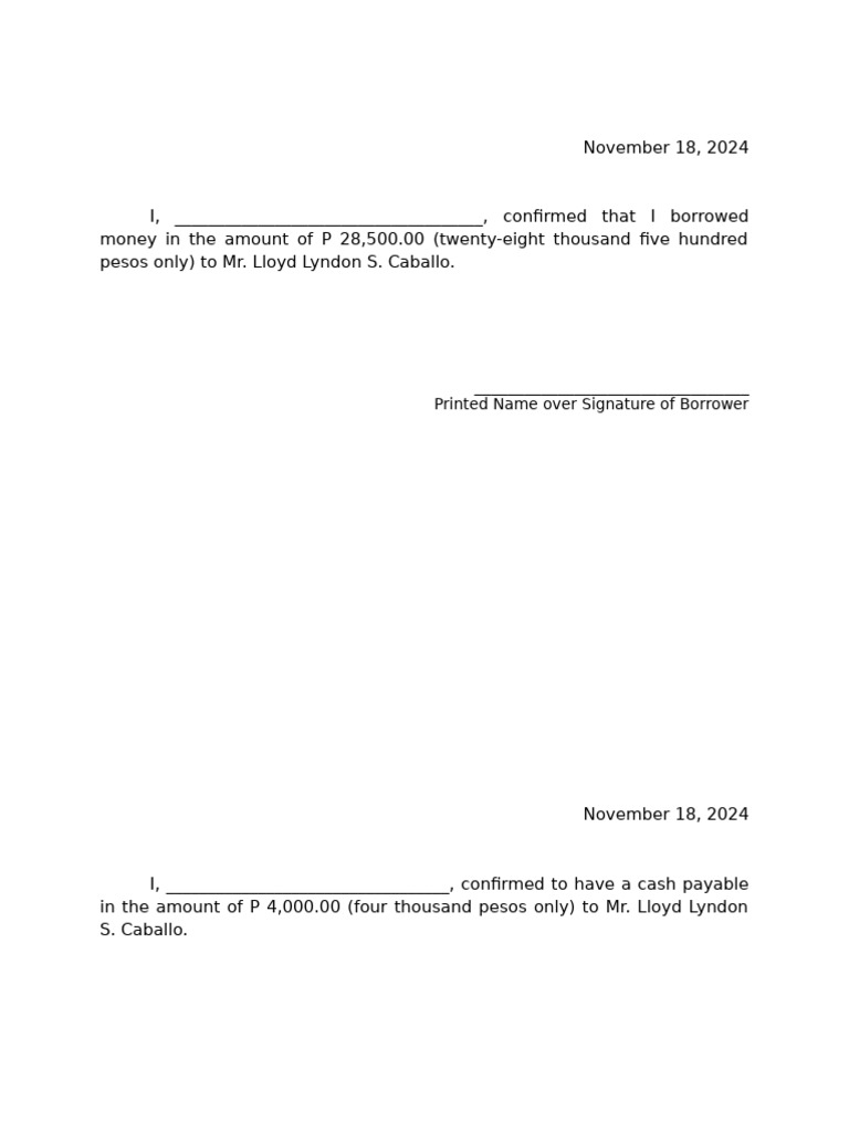 Borrowed Money Lending Receipt Sample | PDF | Promissory Note | Debtor