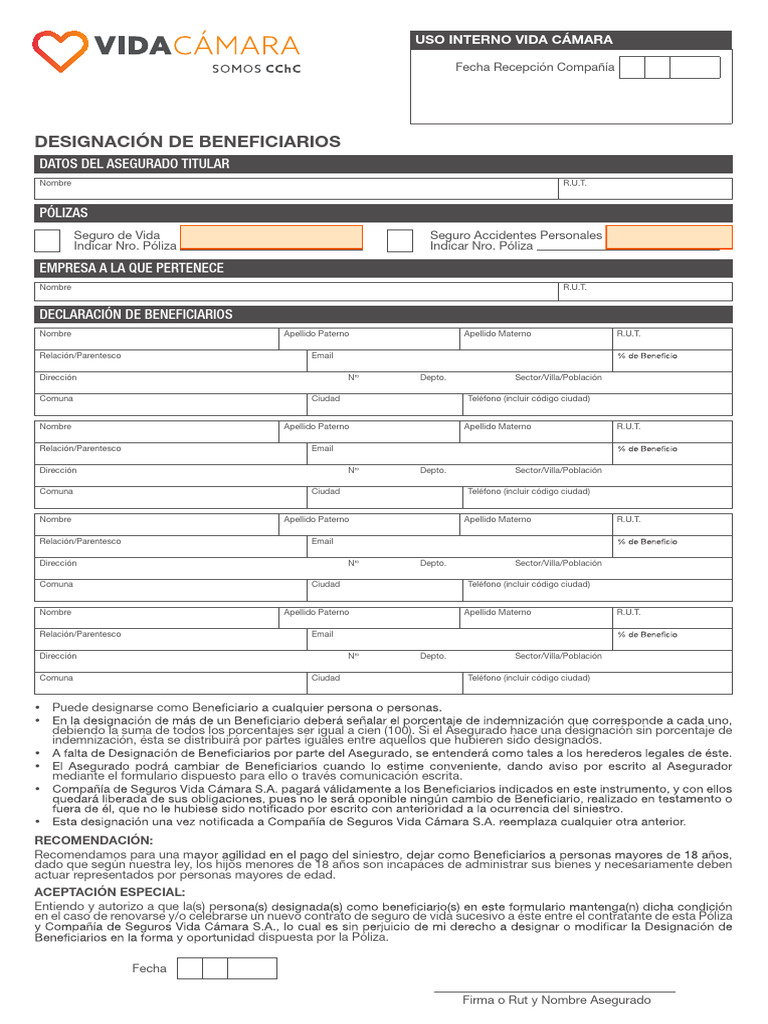 Designacion - Beneficiario - Vida - Formulario Actual | PDF | Póliza de seguros | Seguro
