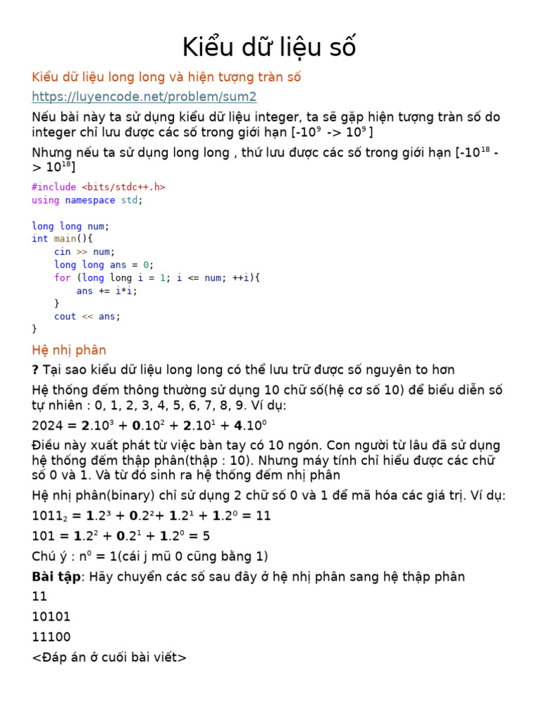 Kiểu Dữ Liệu Số (Integer, Long Long, Double) | PDF