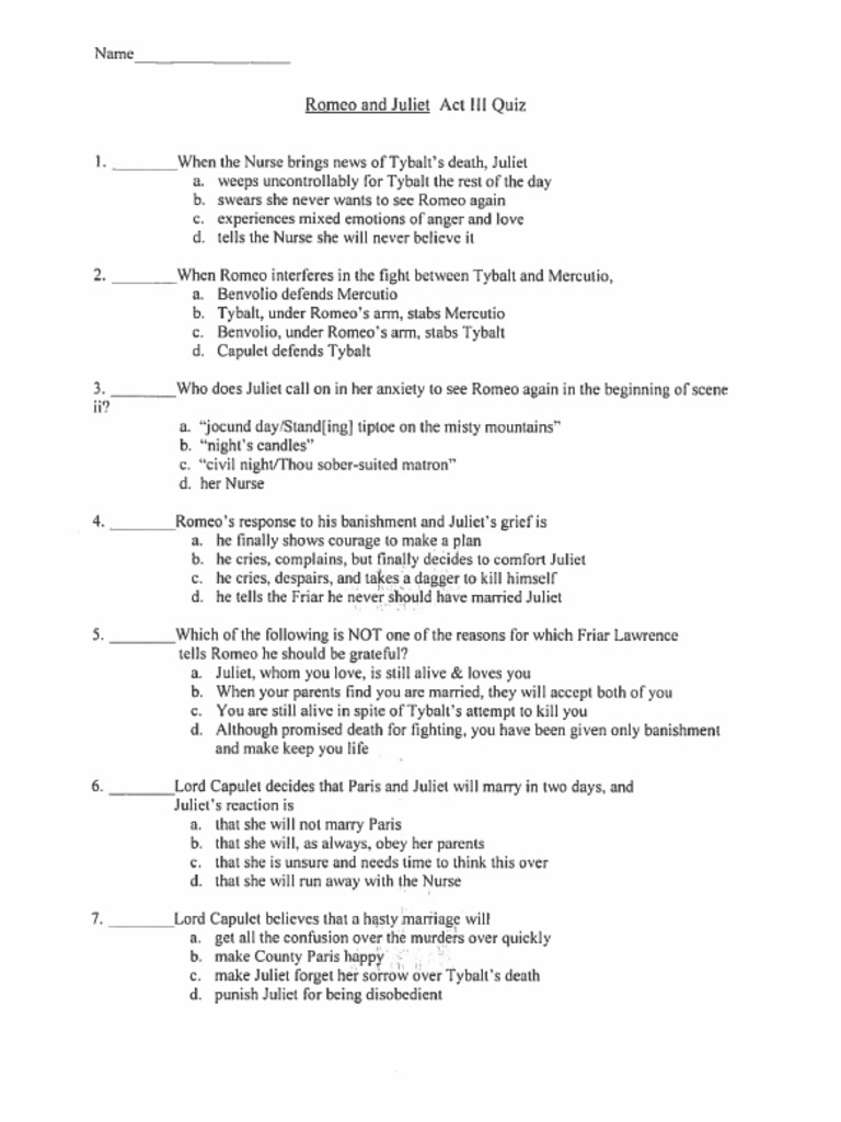 Romeo and Juliet Quiz and SG 3-5 | PDF