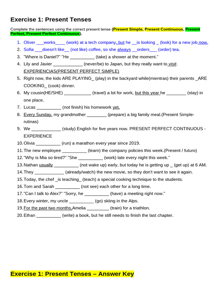 Present Tenses - Practice Part I - Tenses - Monday 3rd | PDF | Language ...