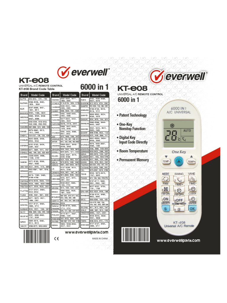 KT-e08 Universal A/C Remote Control Guide | PDF | Air Conditioning | Clock
