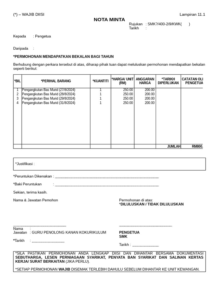 CONTOH NOTA MINTA KOKURIKULUM | PDF