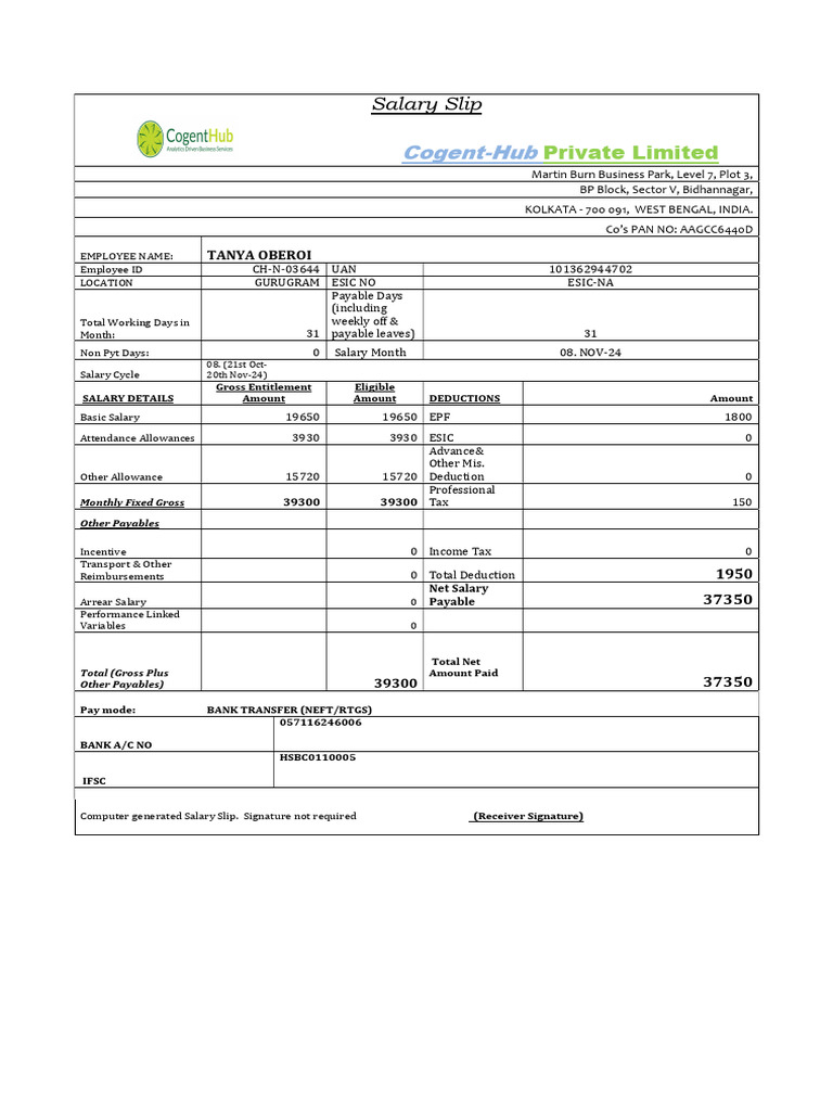 November Salary Slip (1) | PDF | Salary | Business