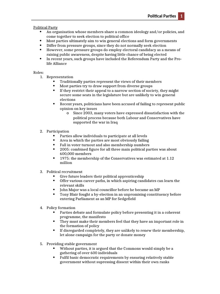 Political Parties Notes | PDF | Political Parties | Conservative Party (Uk)