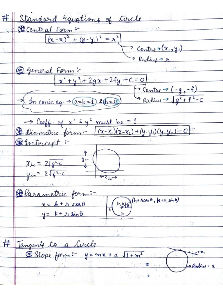 Circle - Class 11 - Short Notes | PDF