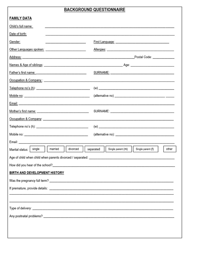 Family Background Questionnaire Template | PDF | Parent | Motherhood