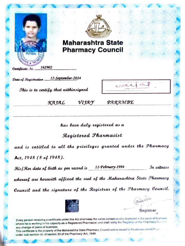 Registered Pharmacist Certificate - Mumbai | PDF