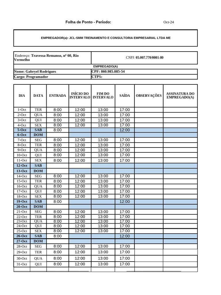 Cópia de MODELO FOLHA DE PONTO-outubro | PDF