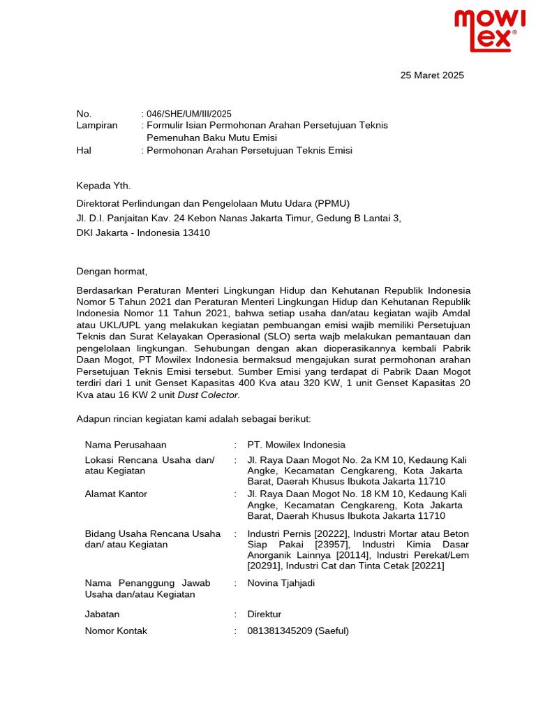 Rev 25032025 Draft Surat Permohonan Arahan Pertek Emisi Pabrik DM Mowilex | PDF